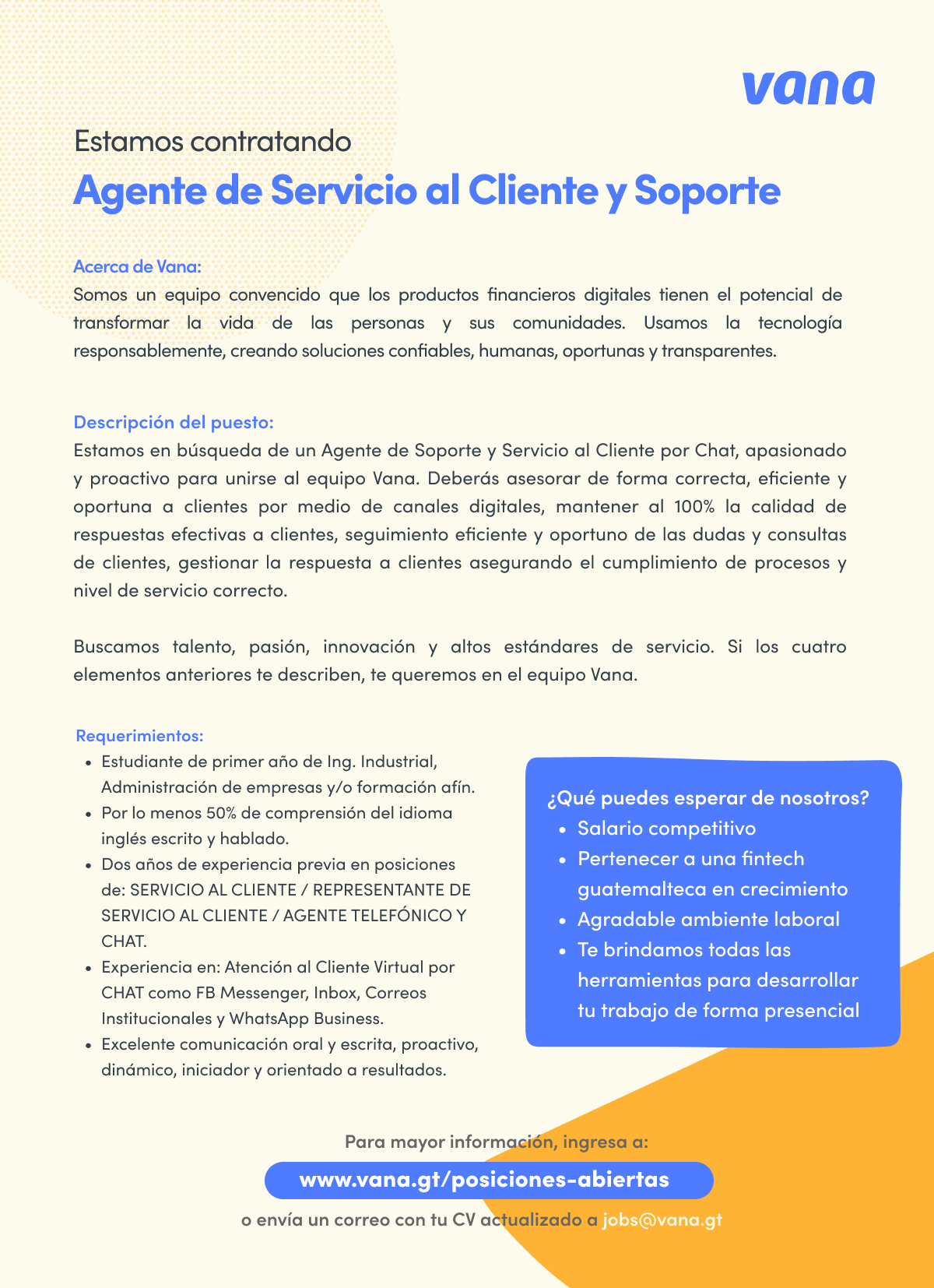 Vana - Posiciones abiertas